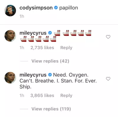 Miley Cyrus athugasemdir við Cody Simpson's Insta