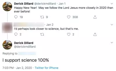 Derick Dillard 說他 100% 支持科學