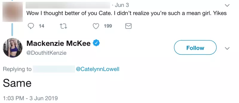 Mackenzie McKee iškviečia Catelynn Lowell po šešėlinio „Twitter“.