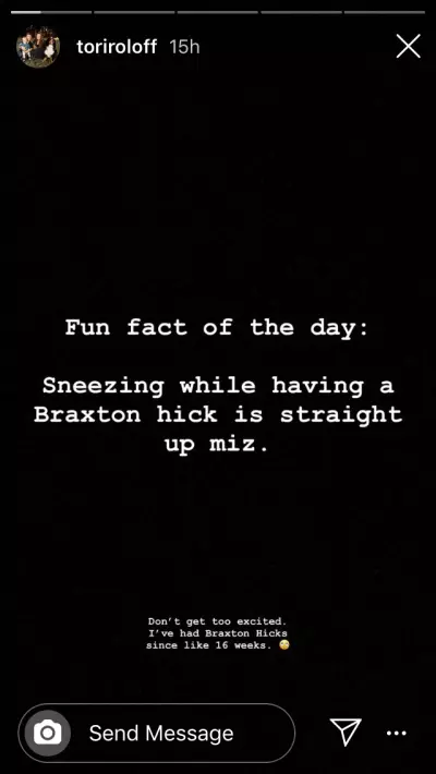 ਟੋਰੀ ਰੋਲੋਫ ਨੇ ਖੁਲਾਸਾ ਕੀਤਾ ਕਿ ਉਸ ਨੂੰ ਬ੍ਰੈਕਸਟਨ ਹਿਕਸ ਸੰਕੁਚਨ ਹੋ ਰਿਹਾ ਹੈ