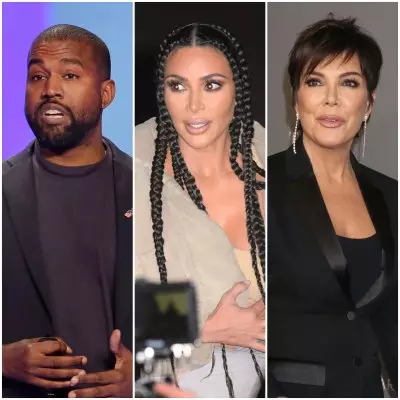 Kanye West talar á sviðinu Kim Kardashian með fléttur í alvörunni Kris Jenner lítur út fyrir að vera alvarlegur